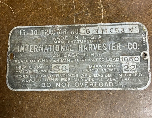 15-30 INTERNATIONAL HARVESTER Tractor ID Serial Number, HP Plate Tag ...