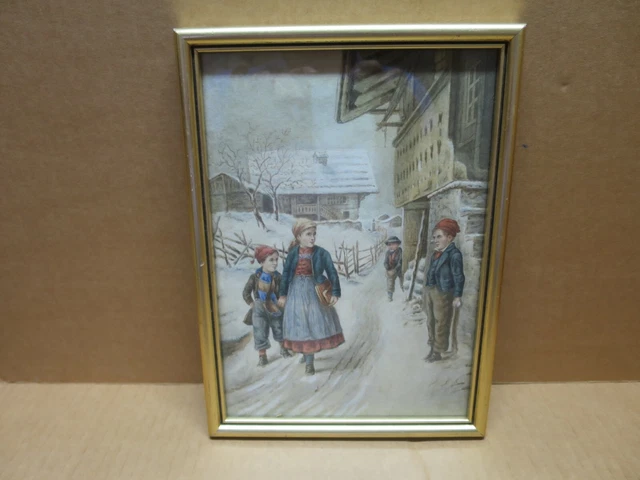 RUE D'UN VILLAGE enneigé avec personnages ancienne aquarelle XIXème siècle EUR 80,00 - PicClick FR