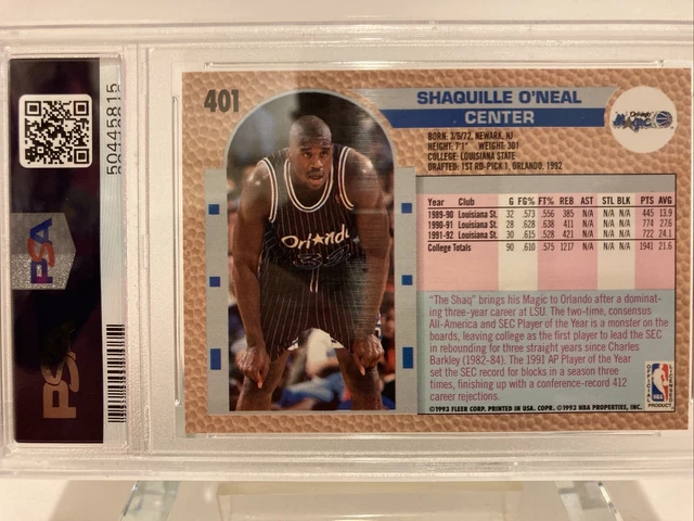 1992 FLEER SHAQUILLE O'NEAL SHAQ Rookie Orlando Magic HOF RC #401 PSA ...