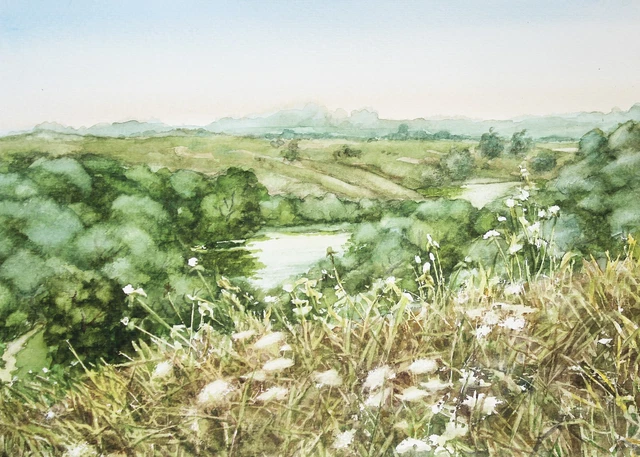 LANDSCAPE WATERCOLOUR PAINTING Original Country River Summer Field ...
