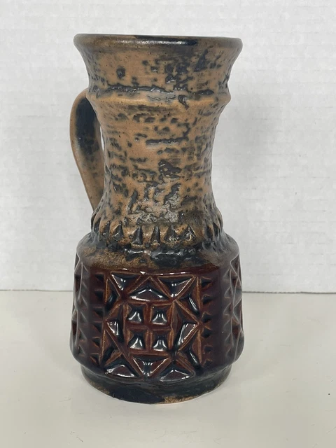 VINTAGE JASBA KERAMIK Pottery Vase Jug Brown Handle W Germany Mid Cent ...