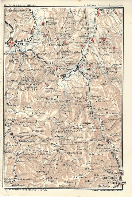 CARTA GEOGRAFICA ANTICA APPENNINO fra ACQUI OVADA e VOLTRI 1914 Old ...