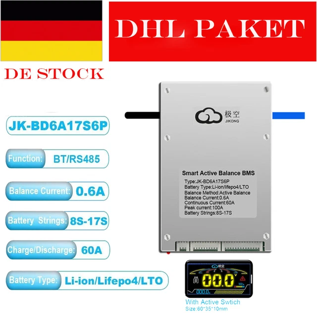 JK 8S-17S 60A Li-ion LiFePo4 Smart BMS Board w/0.6A Active Balancer BT/RS485 FS EUR 71,30 ...