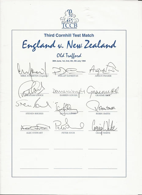 ENGLAND, SIGNED TEAM Sheet 12 members v New Zealand Old Trafford June ...
