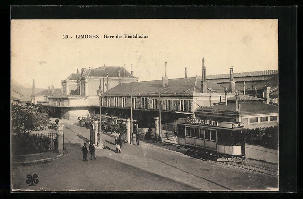 CPA LIMOGES, GARE des Bénédictins, La Gare, tramway, Chocolat-Louit ...