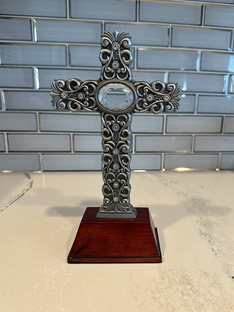 ROYAL LIMITED SILVER Plate Cross With Crystals Mounted On Wooden Base ...