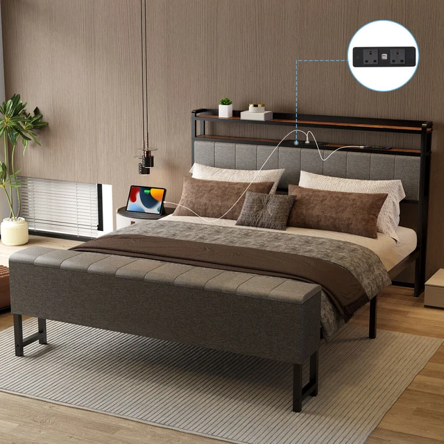 LUXURY GREY FABRIC Bed Frame Set Upholstered With Headboard 4Ft6 Double ...