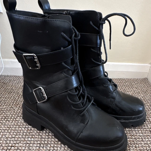 PLY BLACK LEATHER Combat Ankle Boots Lace Up Buckle UK 7 EU 40 women’s ...