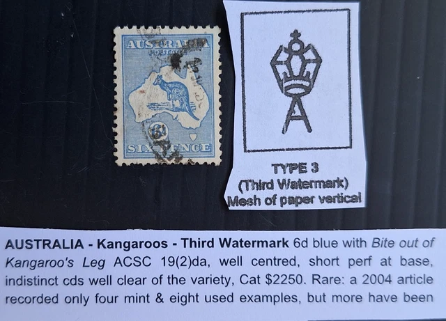 RARE 1915- AUSTRALIA 6d Blue Kangaroo stamp 3rd WMK used Roo leg bite ...