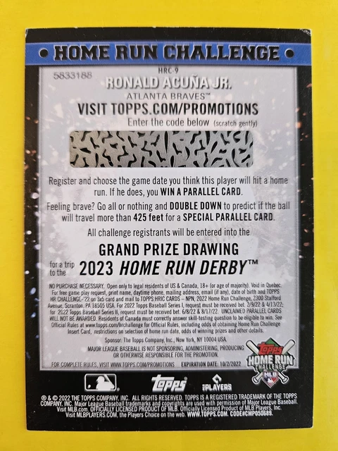 CARTE CODE TOPPS Home Run Challenge 2023 #HRC15 Ronald Acuna Jr ...