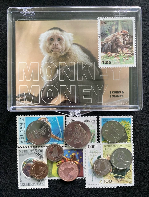 MONKEY MONEY : 8 Coins & 8 Postage Stamps Clear Box - Perfect ...
