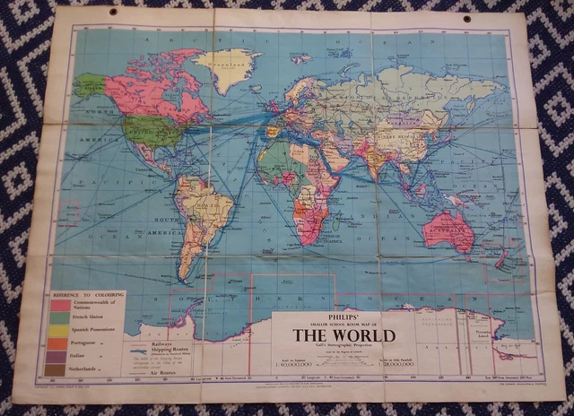 VINTAGE SCHOOL MAP of The World. Philips 1950s. Linen Backed. Folding ...