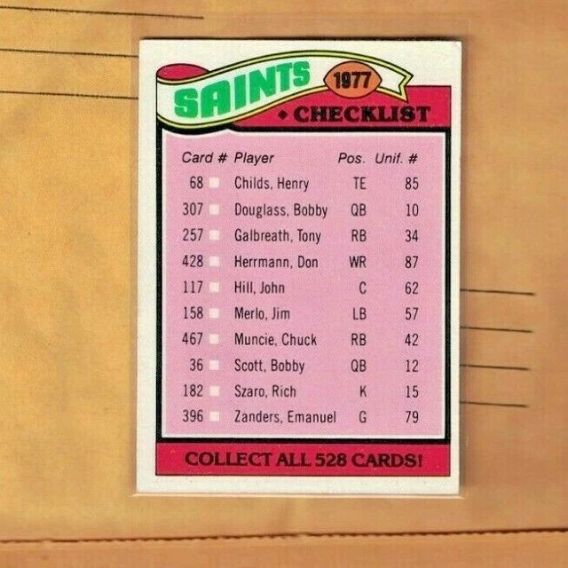 1977 TOPPS NFL liste de contrôle de l'équipe non marquée saints de la ...