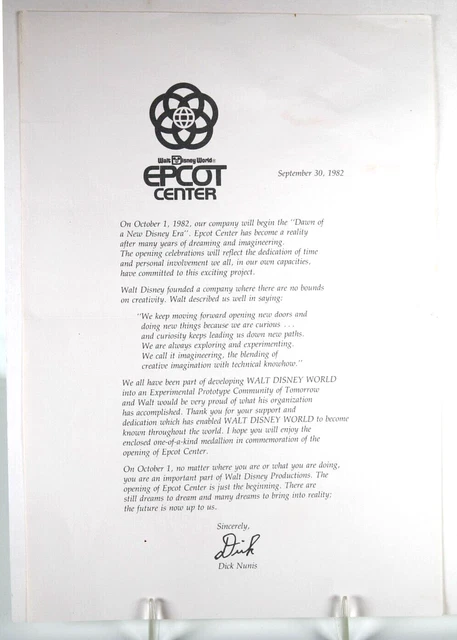 WALT DISNEY WORLD Epcot Center Letter for Cast Member Opening Sept 1982 ...