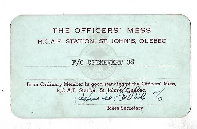 VINTAGE R.C.A.F. STATION St-John's Quebec Officers Mess Card Of ...