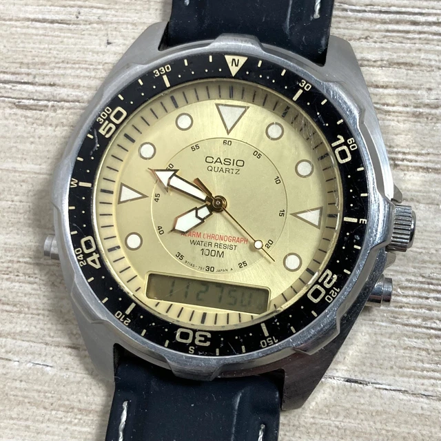 CASIO 1990S VINTAGE 100M Quartz Alarm Chronograph Watch 911A5-751 46mm ...