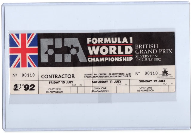 F1 BRITISH GRAND Prix Silverstone July 1992 Ticket Stub Senna ...