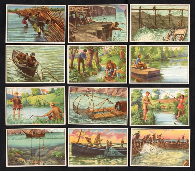 FISHING METHODS 12 Rare Belgian Trade Cards 1940s Angling Boat Rod Net ...