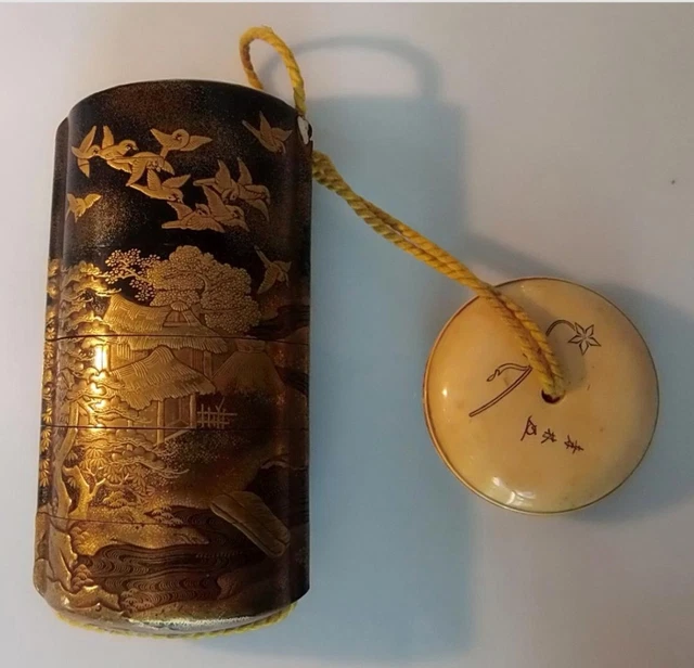 INRŌ JAPONAIS FIN époque Edo, atelier Kajikawa, manju netsuké signé Ko-Rin EUR 3.200,00 ...