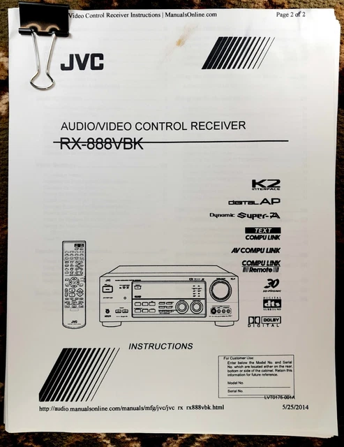 FULL COPY OF Owners Manual JVC Audio/Video Control Receiver RX-888VBK £3.96 - PicClick UK