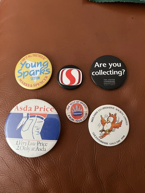 PIN BUTTON BADGES Supermarkets M&S Asda Co op Safeway x 6 £1.75 ...