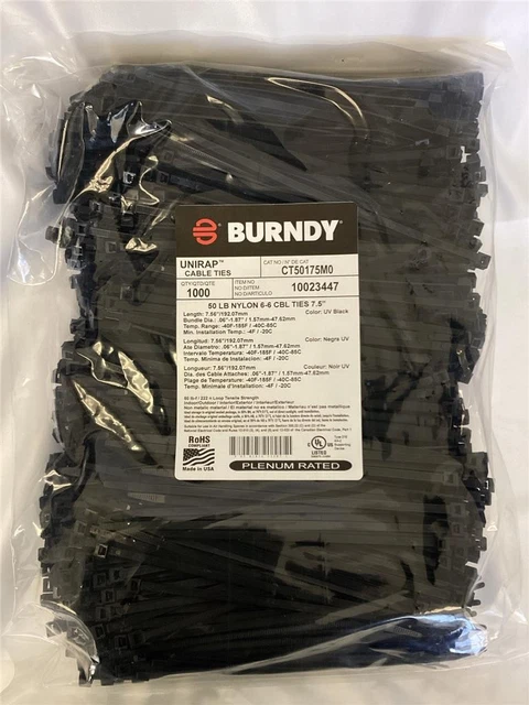 + BURNDY UNIRAP Cable Ties 50LB Nylon 6-6 CBL 7.5" UV Black Pack of ...