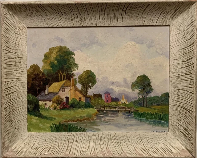 MID CENTURY MODERN Signed COTTAGE BRIDGE CREEK Oil painting Landscape ...