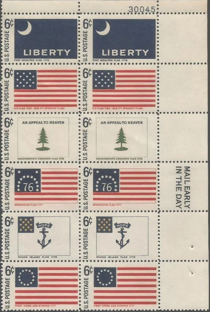 PLATE BLOCK OF 12 stamps - Scott 1345-50 - 6 cent - Historic Flags ...