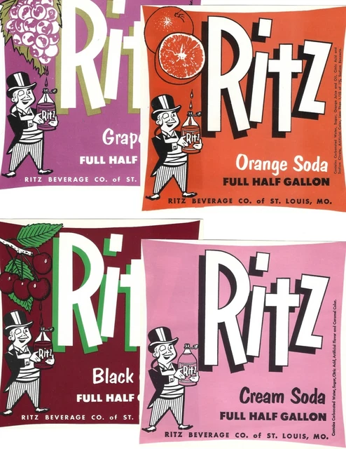 24 RITZ BEVERAGE Soda Bottle Half Gallon Labels Orange Grape Black ...
