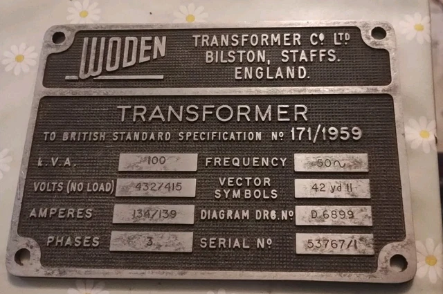 VINTAGE WODEN TRANSFORMER Co Ltd Machine Plaque Plate £10.00 - PicClick UK