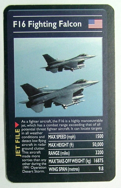 1 X CARD Top Trumps Military Jets F-16 Fighting Falcon USA Airplane ...