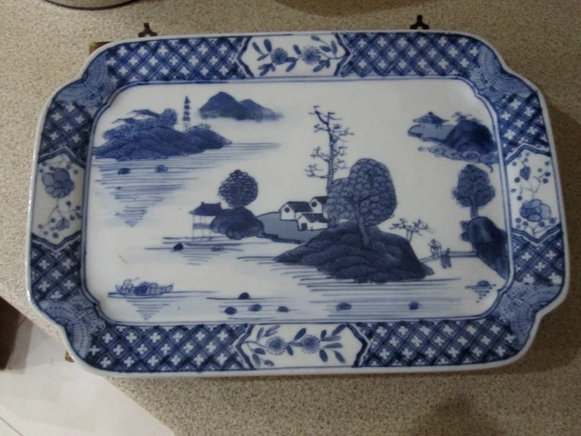VINTAGE BLUE & WHITE Chinese Plate RECTANGLE,NO CRACKS OR CHIPS.....28 ...