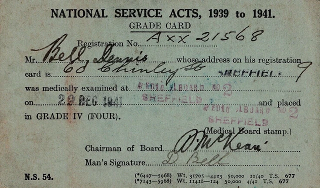 WW2 ORIGINAL NATIONAL SERVICE ACT 1939-41 GRADE CARD Sheffield. £10.77 ...