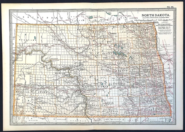 NORTH DAKOTA MAP shows county lines original litho colour by Ben Eli ...