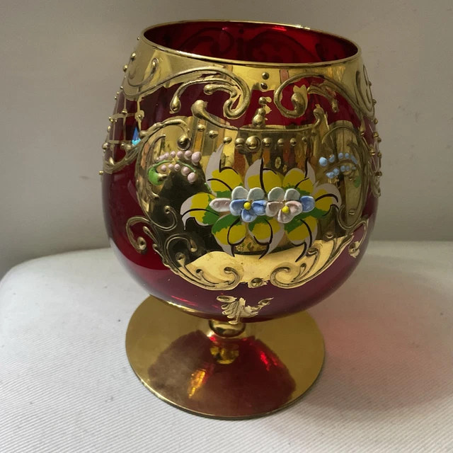 MURANO GLASS RUBY Red Brandy Glass Gold Overlay,encrusted Floral ...