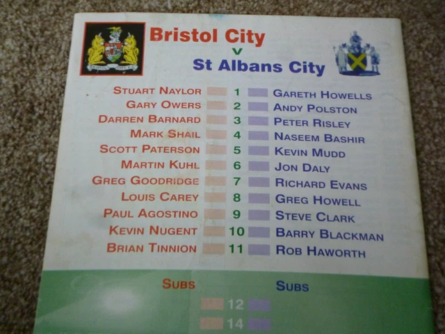 BRISTOL CITY V St Albans City Saturday 7Th December 1996 Fa Cup 2Nd ...