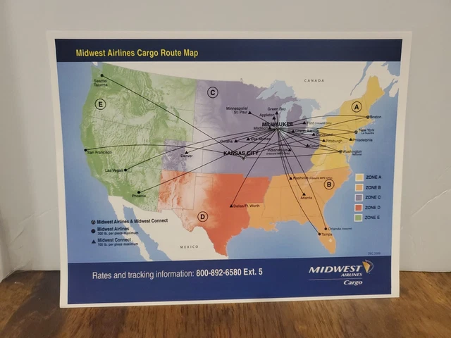 MIDWEST AIRLINES CARGO Route Map Color Cardstock Print 8.5 X 11 in New ...