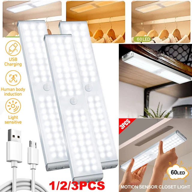 WIRELESS USB RECHARGEABLE PIR Motion Sensor 60 LED Night Light Strip ...