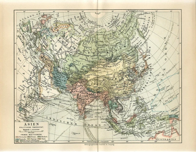 1895 ASIA POLITICAL MAP CHINA RUSSIA INDIA SIAM SINGAPORE KOREA LAOS ...