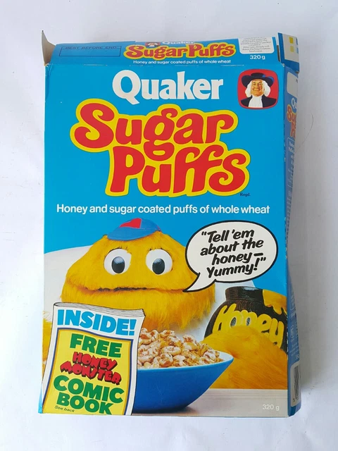 VINTAGE 1984 QUAKER (GB) SUGAR PUFFS Cereal Box - Honey Monster Comic ...