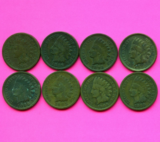 8 USA &INDIAN Head" 1 Cent Coins 1881 1887 1893 1895 1899 1905 1908 ...