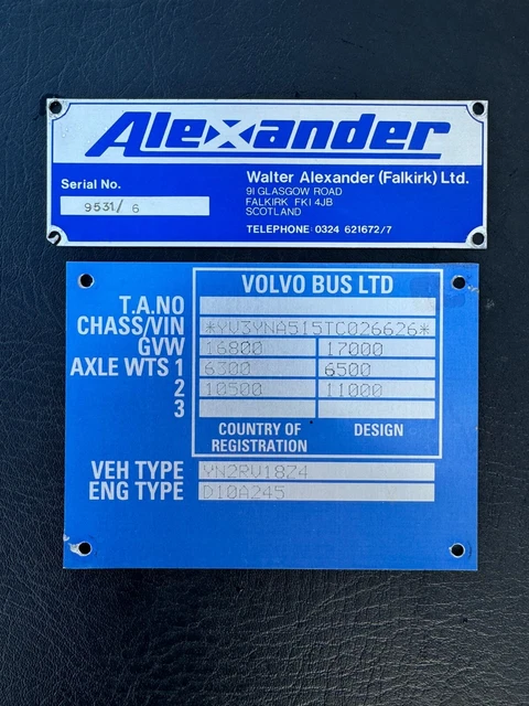 LONDON UNITED ALEXANDER Volvo Olympian N133 YRW Bus Chassis Body Plate ...