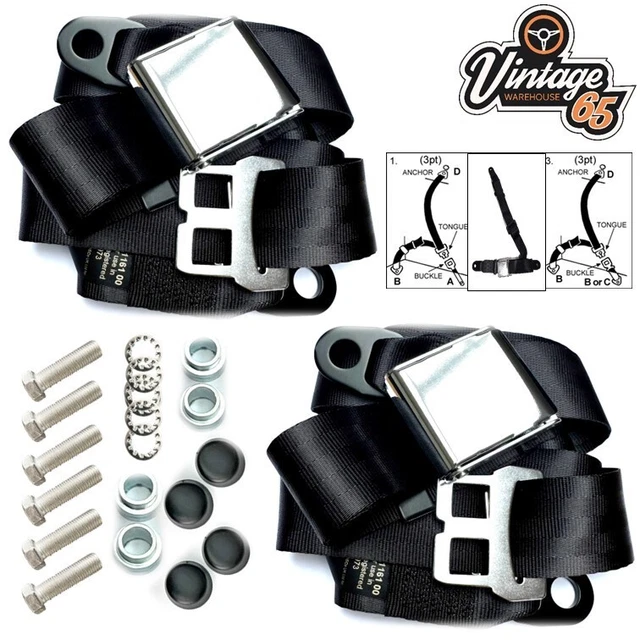 CLASSIC AUSTIN MINI Black Chrome Buckle 3 Point Adjustable Static Seat ...