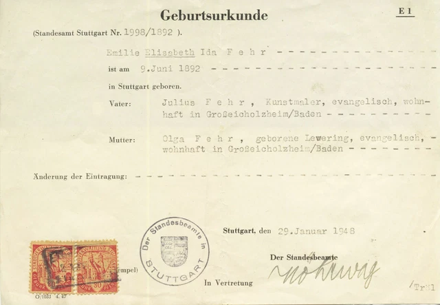 1948 GERMANY, STUTTGART, Birth certificate, certified with 2 x 30pf ...