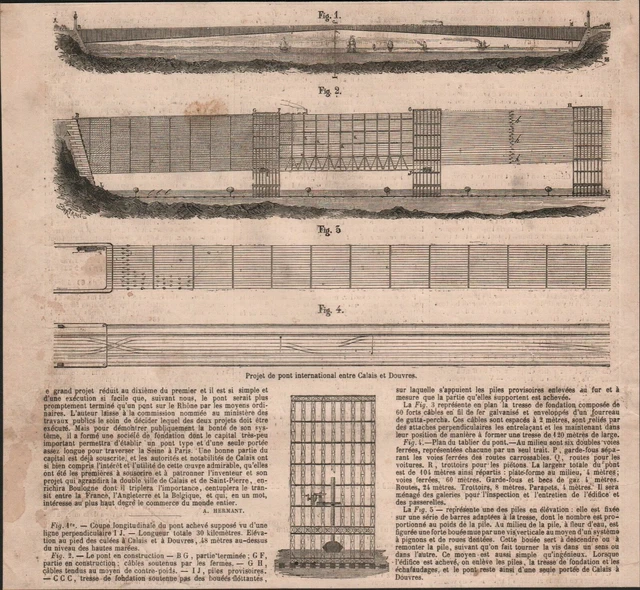 BRIDGE ARCHITECTURE PROJECT Plan Pont Calais-Dover ANTIQUE ENGRAVING ...
