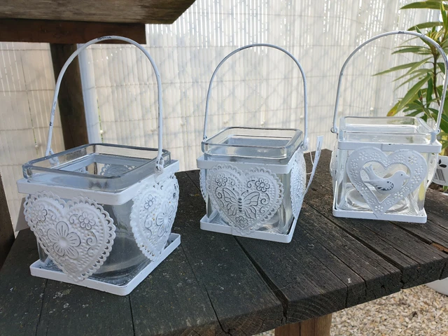 TEELICHT-GLAS&VINTAGE&-3 ER SET-WINDLICHT-ANTIK Weiss-Metall-Shabby ...