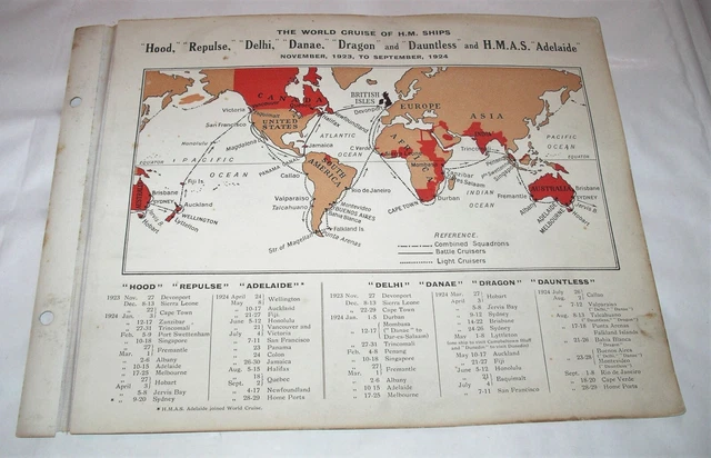 1923-1924 ROYAL NAVY Card Cruise Map HMS HOOD Repulse etc HMAS ADELAIDE ...