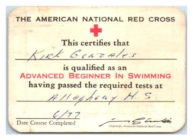 FIRST AID CARD American Red Cross Lifeguard Allegheny High School ...