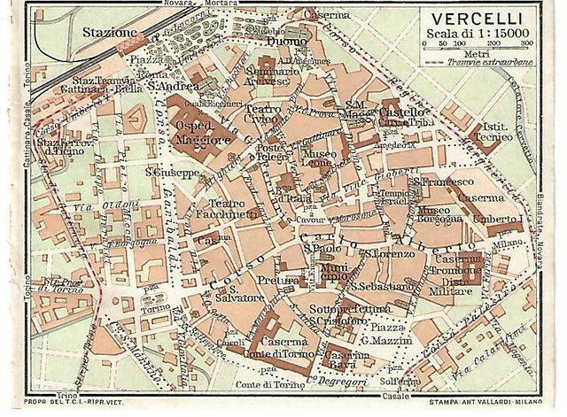 CARTA GEOGRAFICA ANTICA VERCELLI piccola pianta della città 1916 ...