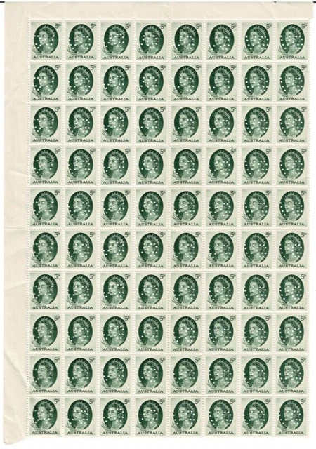 STAMPS 1963 AUSTRALIA 5d green QE2 SG354 perfin VG part pane of 80 ...